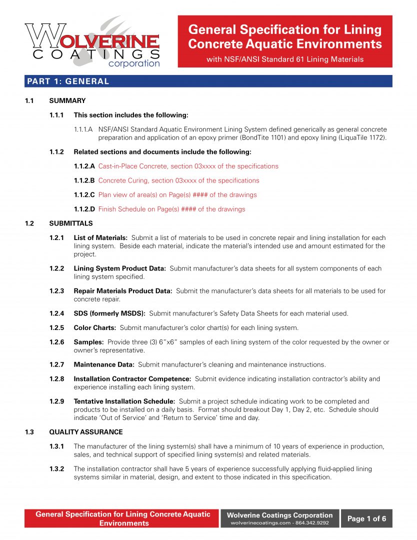 General Specification for Lining Aquatic Environments | Wolverine ...